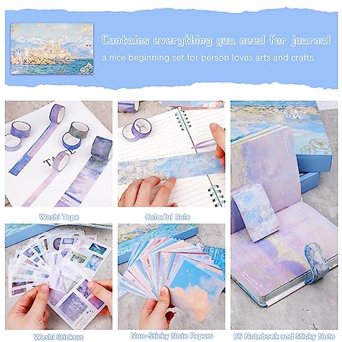 149Pcs Scrapbooking Supplies Kit, FHDUSRYO Vintage Aesthetic Scrapbook Kit, Bullet Junk Journal Kit with B6 Notebook Sticker Washi Tape, DIY Journaling Supplies Gift for Teen Girl Women(Blue 15”x9.4”)