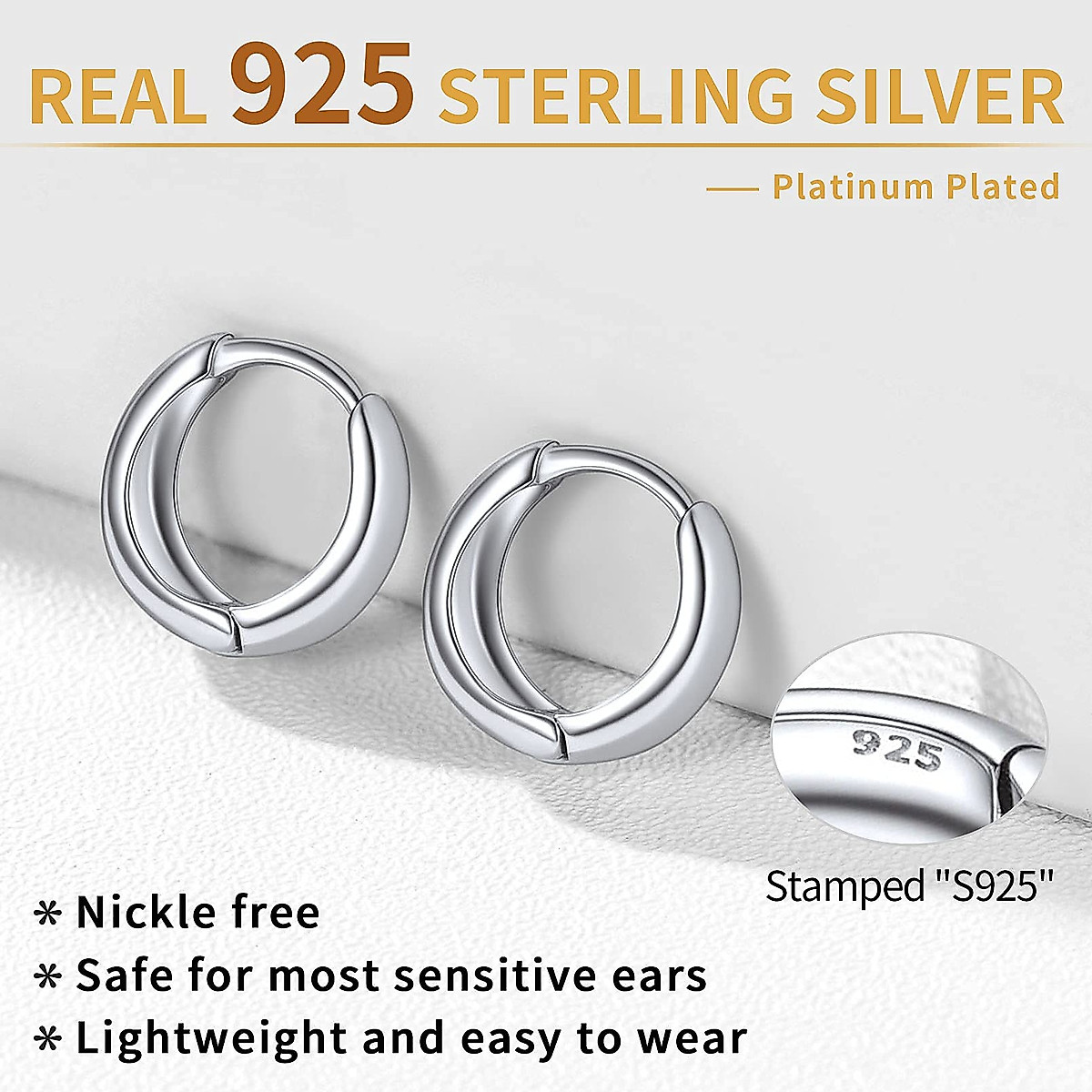 ChicSilver 925 Sterling Silver Small Chunky Hoop Earrings Hypoallergenic Wide Rounded Thick Tube Hoop Earrings White Gold Plated Silver Huggie Hoop Earrings for Women 8MM