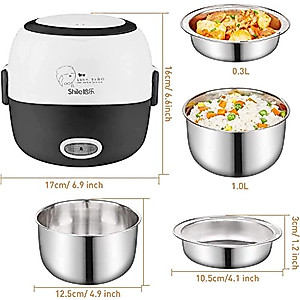 Thousanday Electric Lunch Box- 110V 200W Removable Stainless Steel Food Heating Rice Cooker - with Bowl, Plate, Measuring Cup (Black)