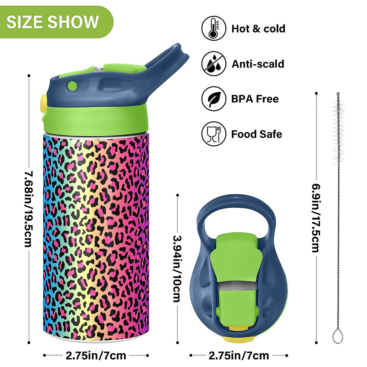 ALAZA Neon Rainbow Leopard Cheetah Kids Water Bottles with Lids Straw Insulated Stainless Steel Water Bottles Double Walled Leakproof Tumbler Travel Cup for Girls Boys Toddlers 12 oz / 350 ml,Green