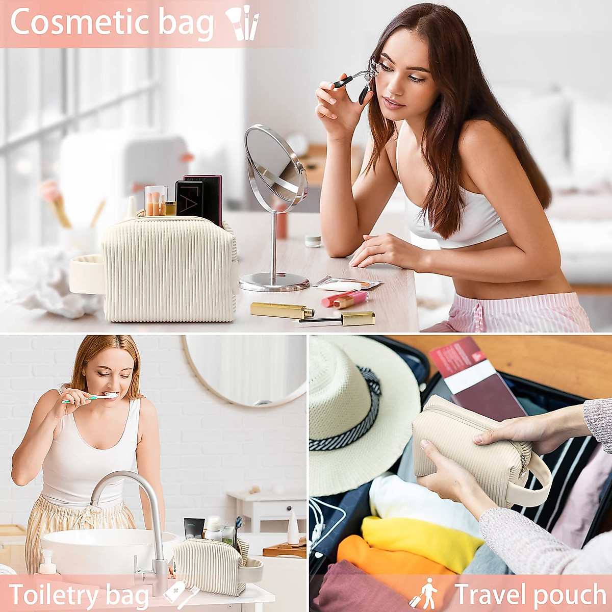 LIYSOCA Small Makeup Bag for Women Girls, Leather Cute Makeup Bags Waterproof Travel Makeup Bags with Handle Cosmetic Pouch, Birthday Christmas Gifts for Women Girls Mom (Beige)