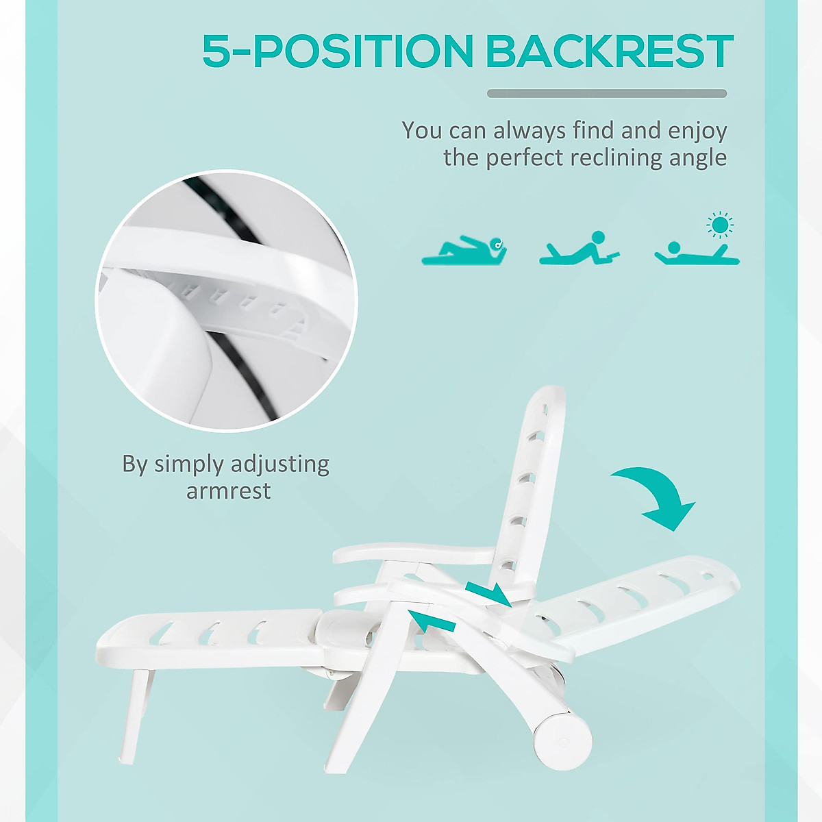 Outsunny Outdoor Chaise Lounge, 5 Level Adjustable Backrest Lounge Chair with Wheels, Folding Tanning Chair for Pool, Beach, Patio, Garden, White