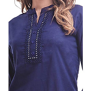 Chichi Indian Women's Plain Cotton Kurti Top, Blue, Small