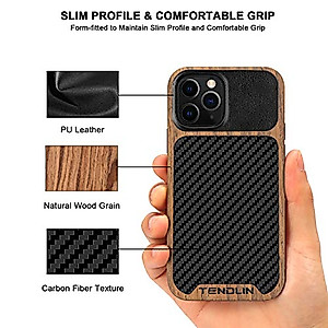 TENDLIN Compatible with iPhone 12 Pro Max Case Wood Grain with Carbon Fiber Texture Design Leather Hybrid Case Black