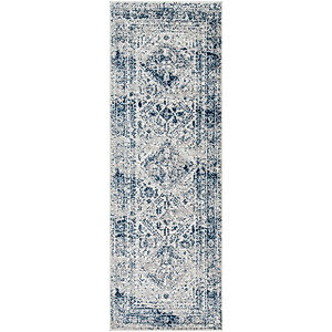Hauteloom Inkom Hallway, Kitchen Runner Rug - Traditional Bohemian Medallion Carpet - Gray, Blue, Denim - 2'7" x 12'