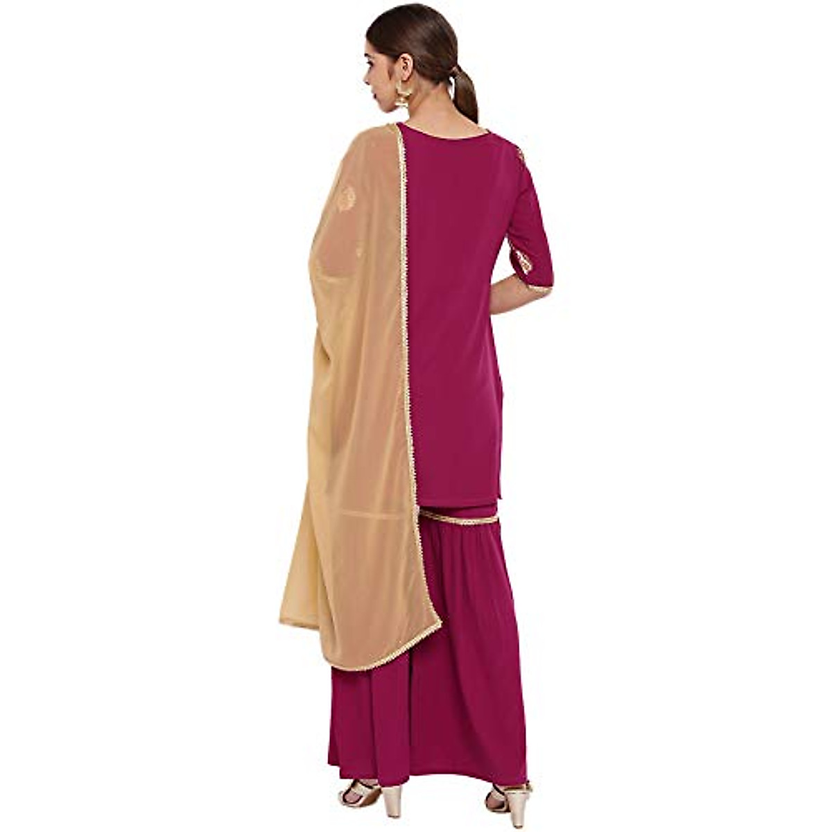 Janasya Indian Women's Magenta Poly Crepe Kurti With Sharara And Dupatta(SET250-KR-SHA-M)