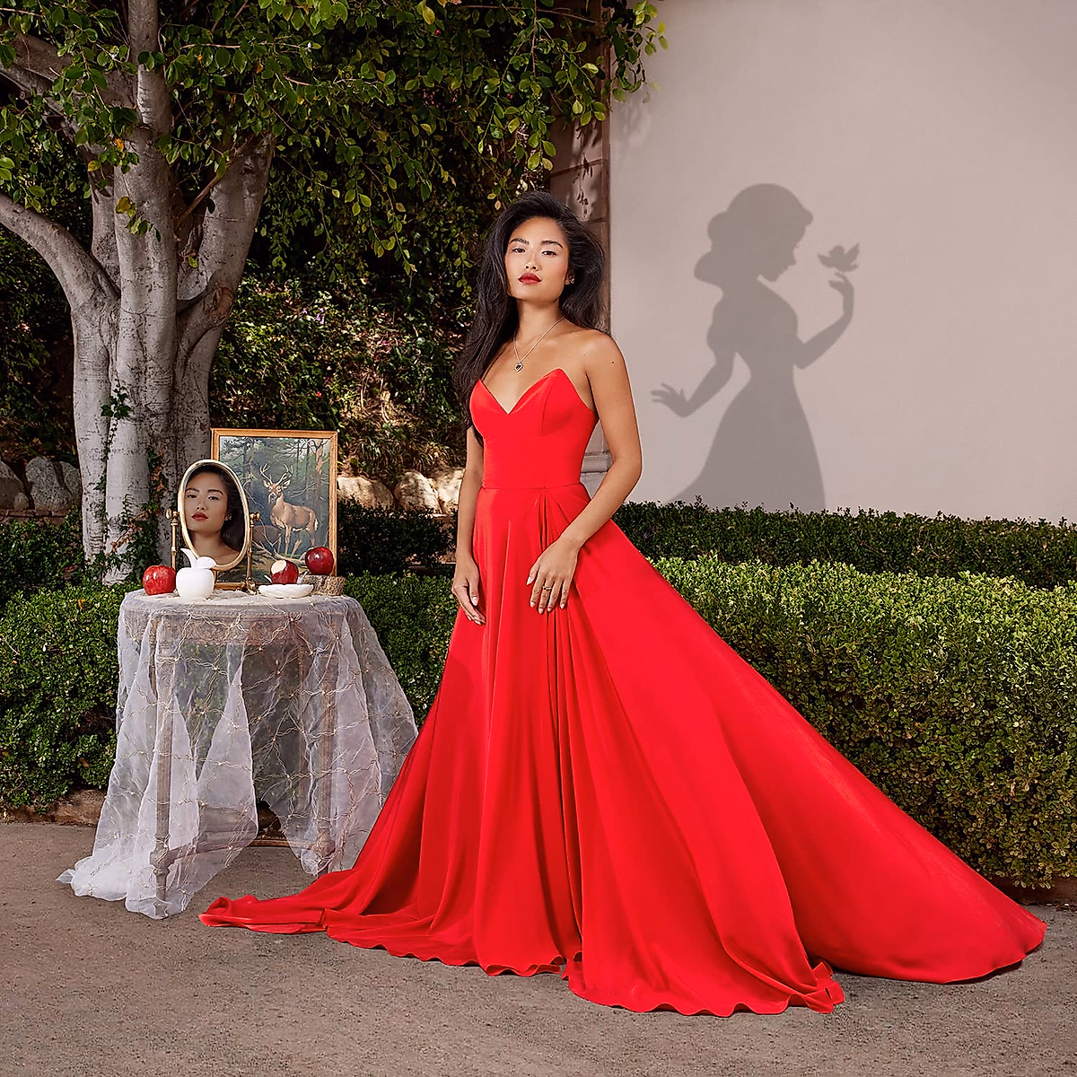 Jewelili Enchanted Disney Fine Jewelry 14K Rose Gold Over Sterling Silver 1/10 Cttw Diamond and Red Garnet Snow White Tiara Ring, Size 9