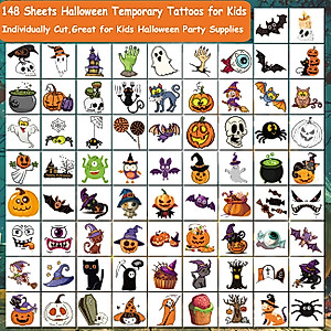CHARLENT 148 Sheets Halloween Temporary Tattoos for Kids - Individual Halloween Pumpkin Skeletons Tattoos for Boys Girls Halloween Party Favors Treats Goodie Bag Fillers