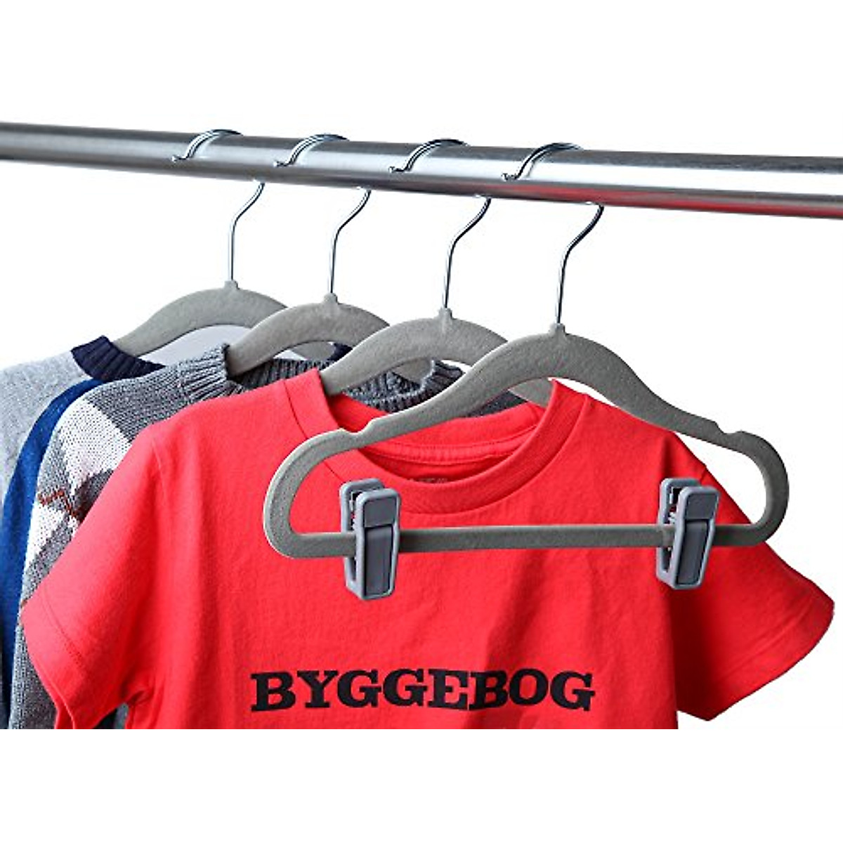 Finnhomy Non-Slip Clothes Hangers for Baby and Kids 30-Pack Velvet Hangers with 10 Finger Clips, Gray