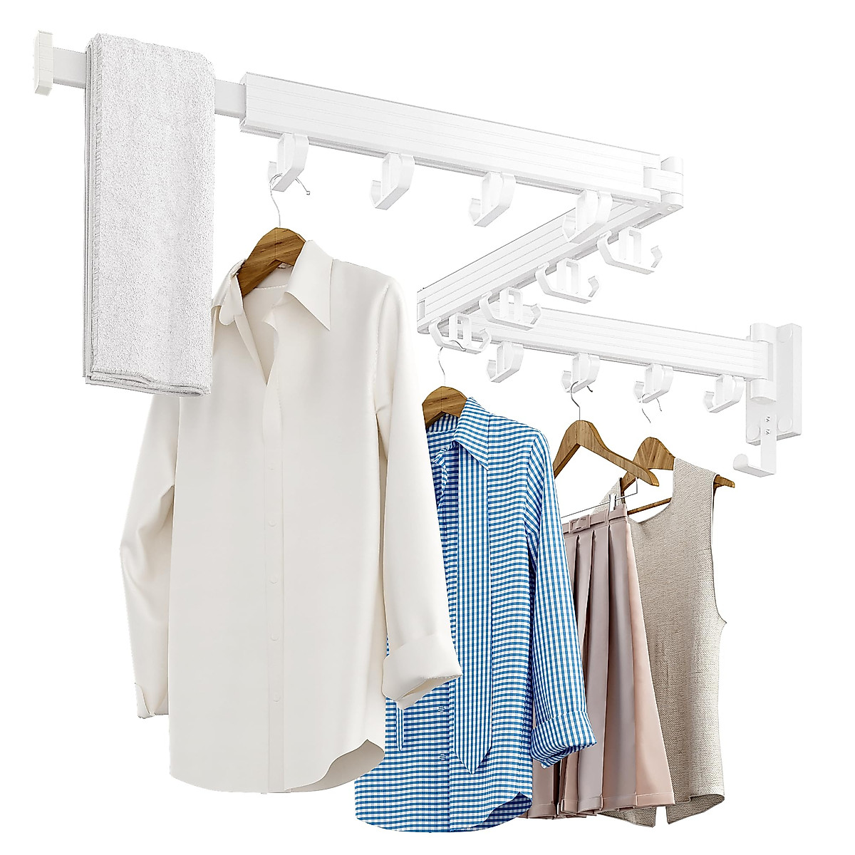 Clothes Drying Rack Wall Mounted, Retractable Drying Racks for Laundry, Foldable Drying Rack With 12 Hooks, Sturdy Tri-Fold Wall Mounted Space Saver for Laundry Room Balcony Bathroom - 49.8", White