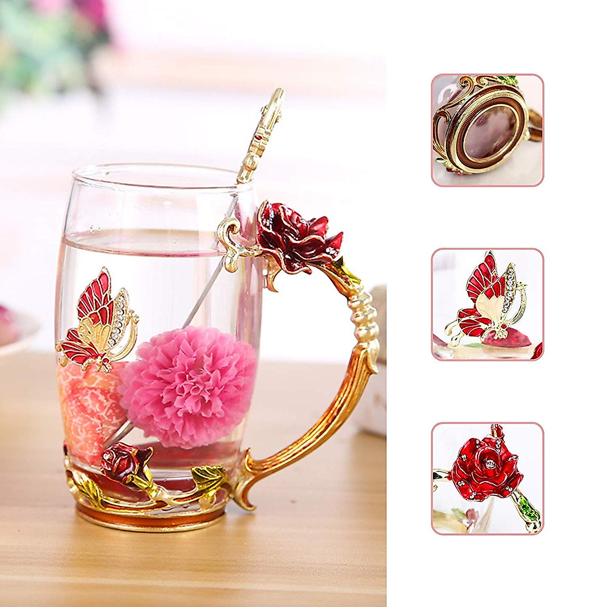DasyFly Birthday Gifts For Women,Enamel Butterfly Flower Glass Tea Cup Rose Red Coffee Mug,Cute Gifts For Women Mom Wife Grandma Female Friend on Anniversary Christmas Valentines Mothers day