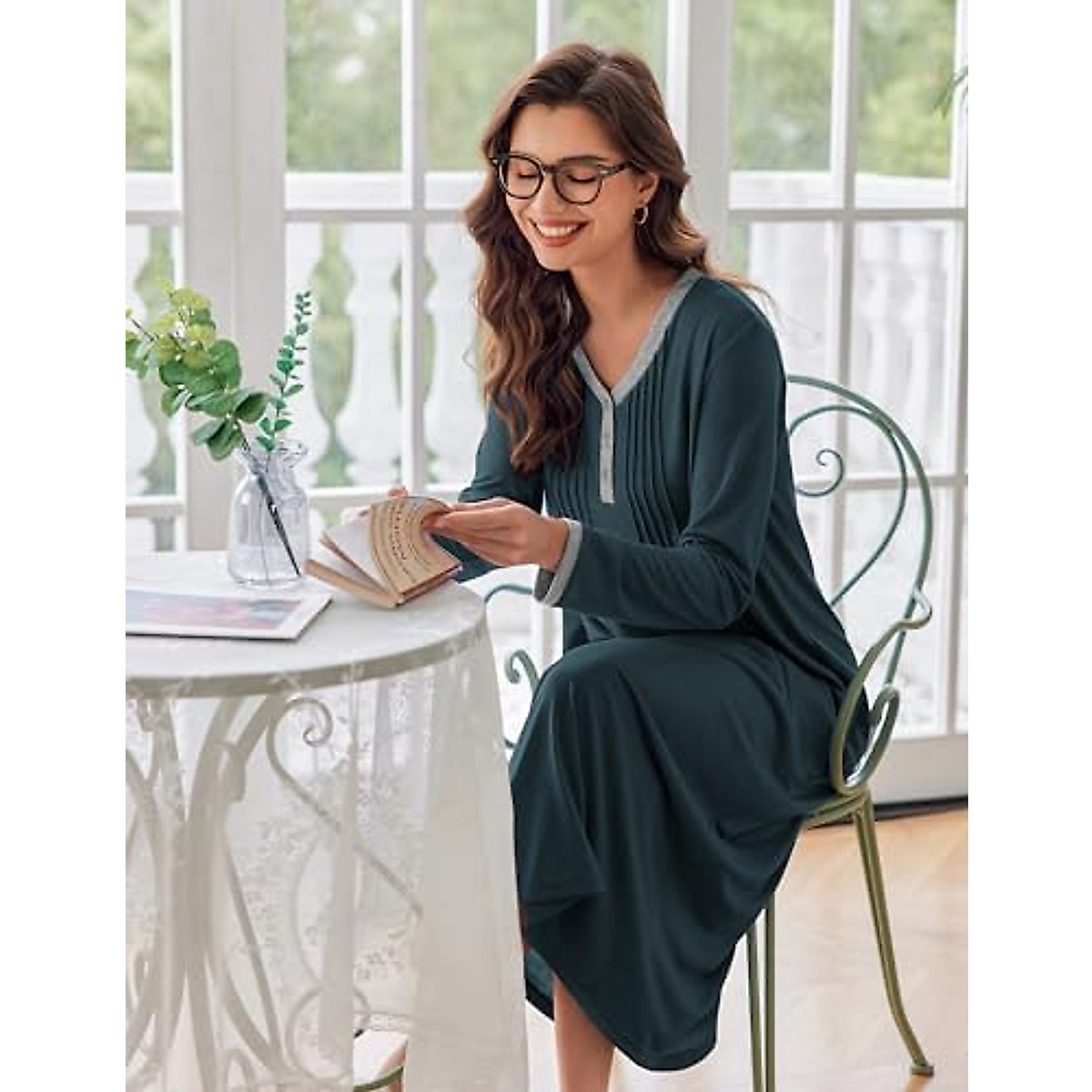 Ekouaer Women's Long Sleeve Nightgown Long Sleepshirts Henley Sleep Dress Full Length Sleepwear S-4XL