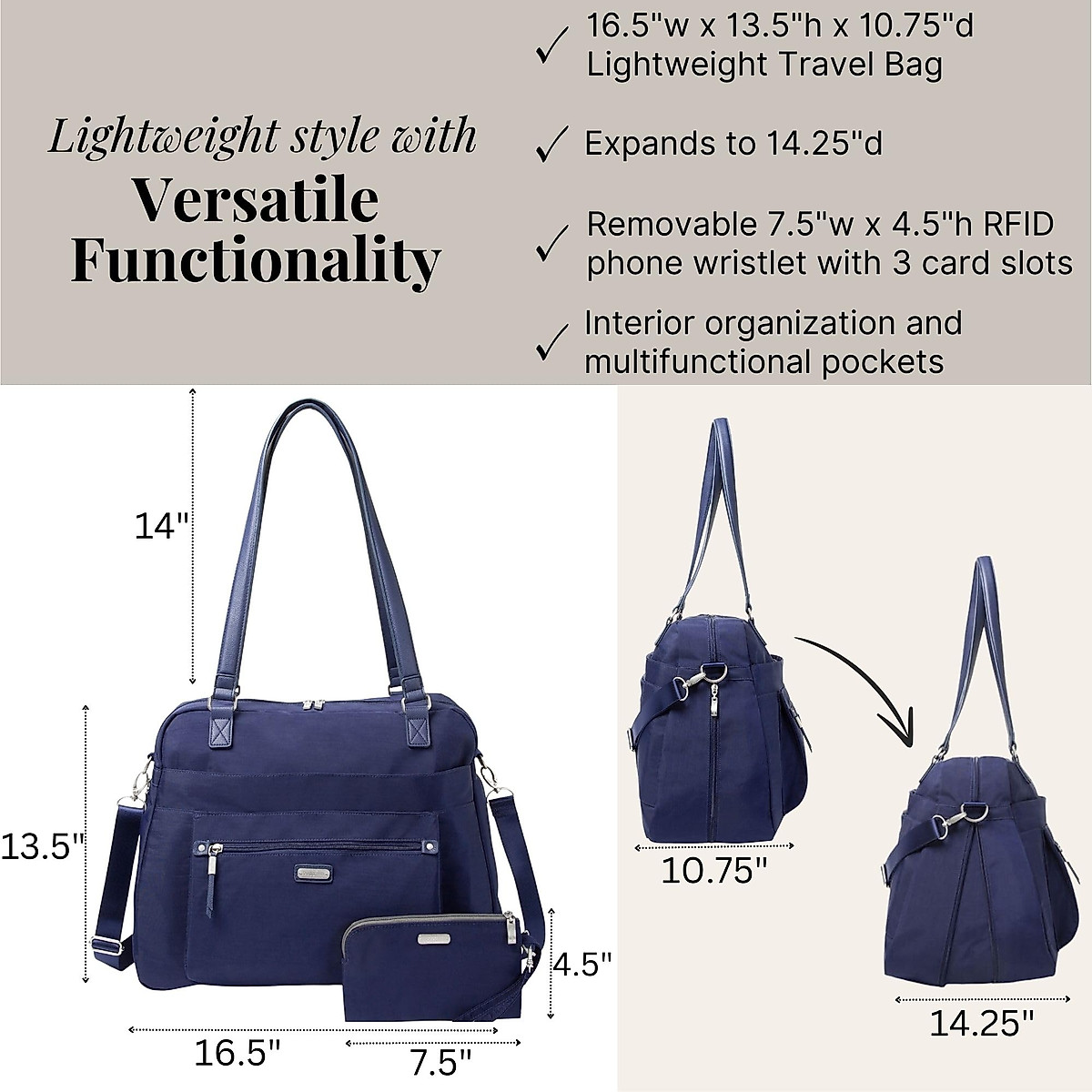 Baggallini Overnight Expandable Laptop Tote - Lightweight Travel Bag for Women, Navy