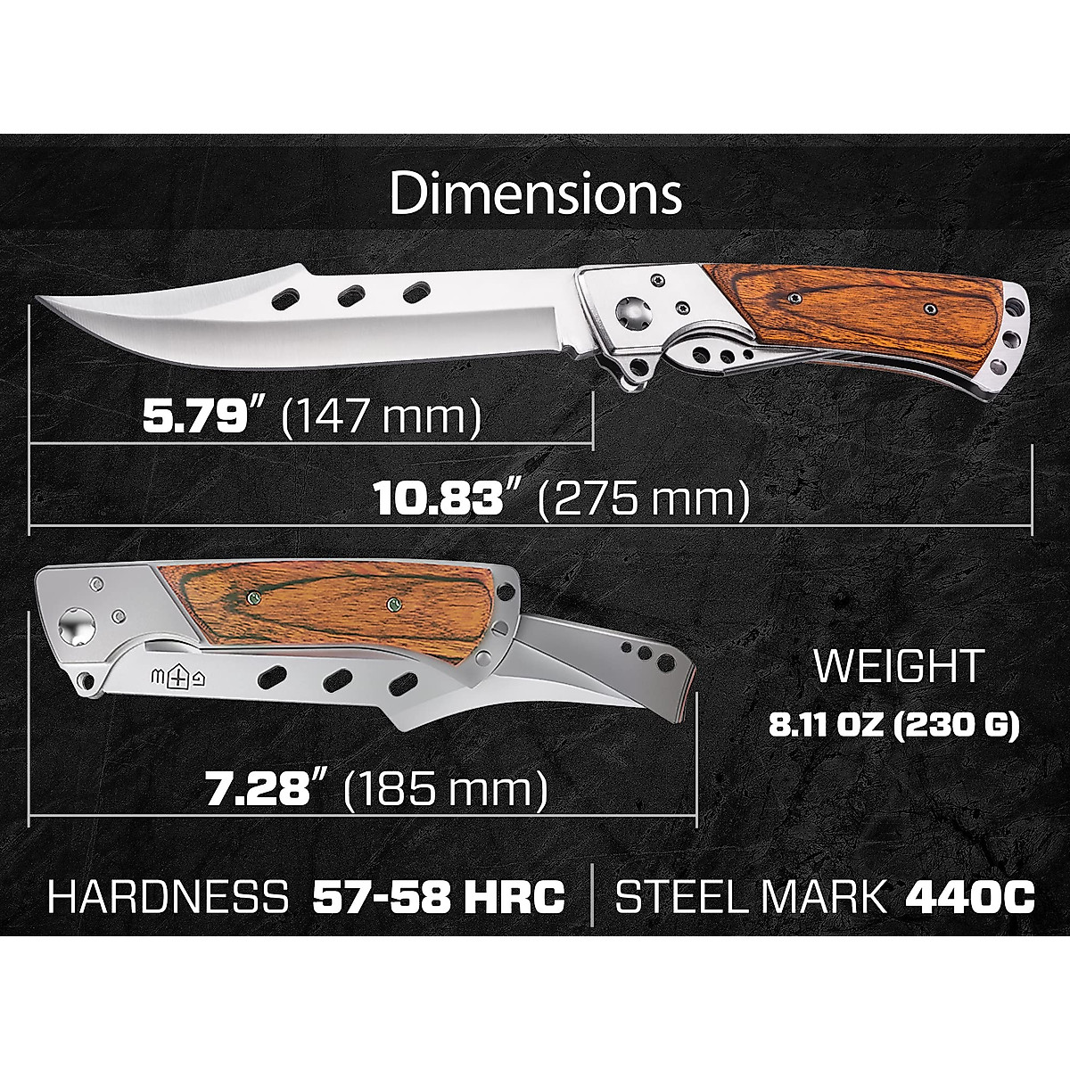 Grand Way Bundle of 2 Items Hunting Folding Knife with Rosewood Handle - Best EDC Survival Hiking Hunting Camping Knife - Knife with Firestarter and Whistle