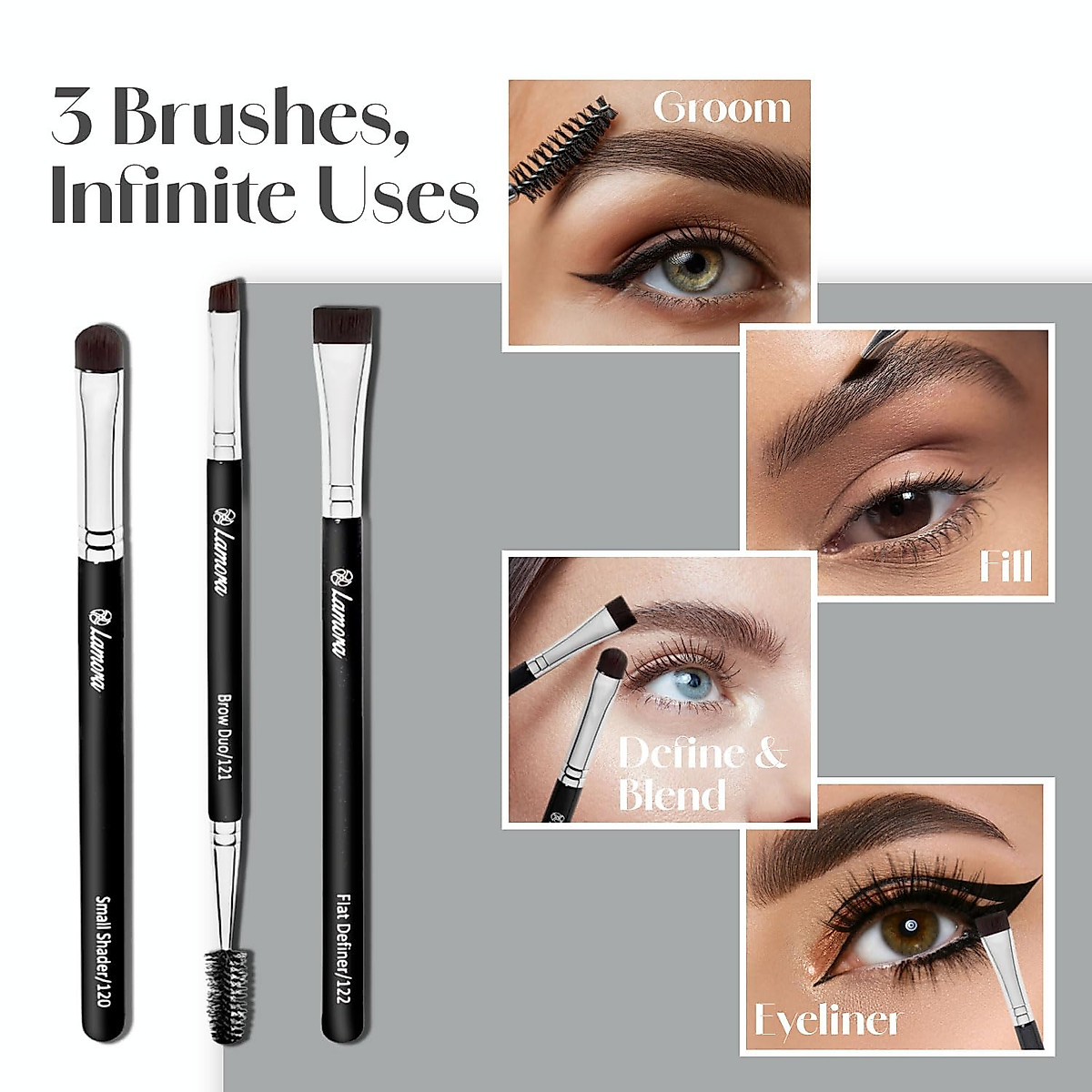 Eyebrow Brush - Duo Eye Brow Spoolie - Angled Eyeshadow Eyeliner - Precision Flat Definer - Small Shader - 3 Piece Makeup Brush Set - Cruelty Free Synthetic Bristles