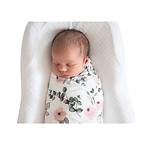 Vollmic Newborn Baby Girl Receiving Blanket Swaddle Blanket Stretchy Knit Swaddle Set with Matching Headband (Pink&Green)