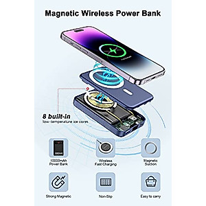 vatemax Power Bank Fast Charging, 10000mah Portable Charger Power Bank Magnetic Portable Charger 22.5W Wireless Power Bank USB PD QC3.0 Type-C Led Display Magnetic Power Bank (Blue)