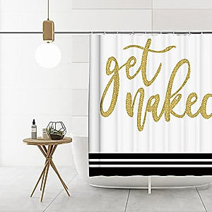 Karlesi 4Pcs Shower Curtain Set with Non-Slip Rug, Toilet Lid Cover and Bath Mat, Funny Get Naked Shower Curtain with 12 Hooks for Bathroom Decoration