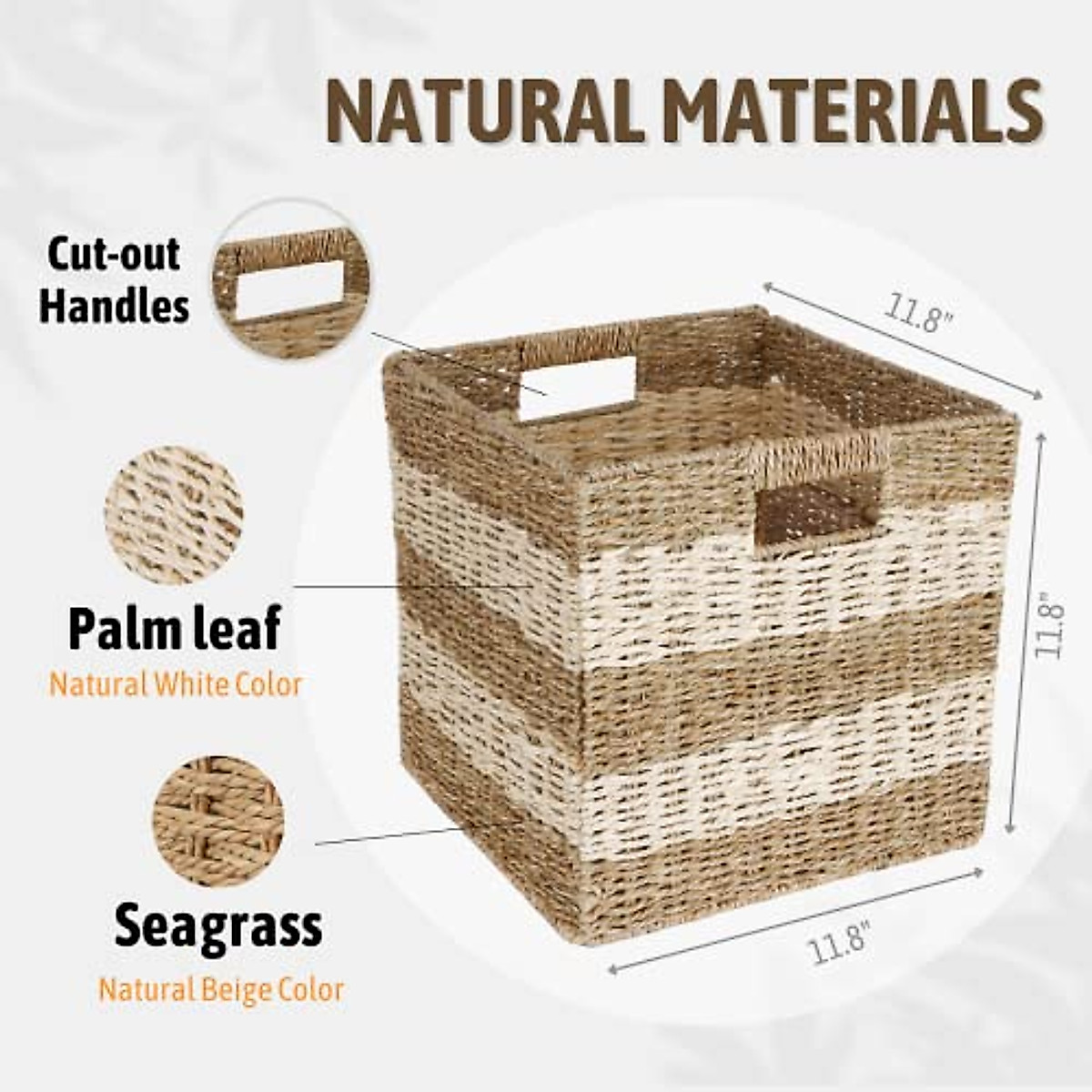 Foldable Hand-woven Wicker Cube Storage Bins, Collapsible Wicker Storage Cubes, Natural Palm Fiber & Seagrass Storage Baskets, Chi An Home Cubes Organizer with Handles, 4 Pack - 11.8" x 11.8" x 11.8"