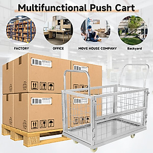 Platform Truck Cart with Cage,5IN1 Multi-Functional Cage Cart,Heavy Duty Flatbed Cart Load 2500LBS,40"×24" Push Cart for Laundry,Grocery, Storage