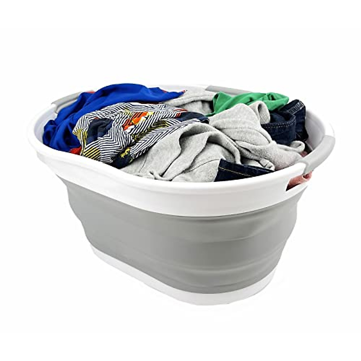 SAMMART 25L (6.6 gallon) Collapsible Plastic Laundry Basket - Foldable Pop Up Storage Container/Organizer - Portable Washing Tub - Space Saving Hamper/Basket (White/Grey (Set of 2))