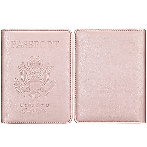 HOTCOOL Passport and Vaccine Card Holder Combo Leather RFID Blocking Wallet with Elastic Strap Travel Cover Case for Passport, with USA CDC Vaccination Card Slot, with Pen, Rose Gold