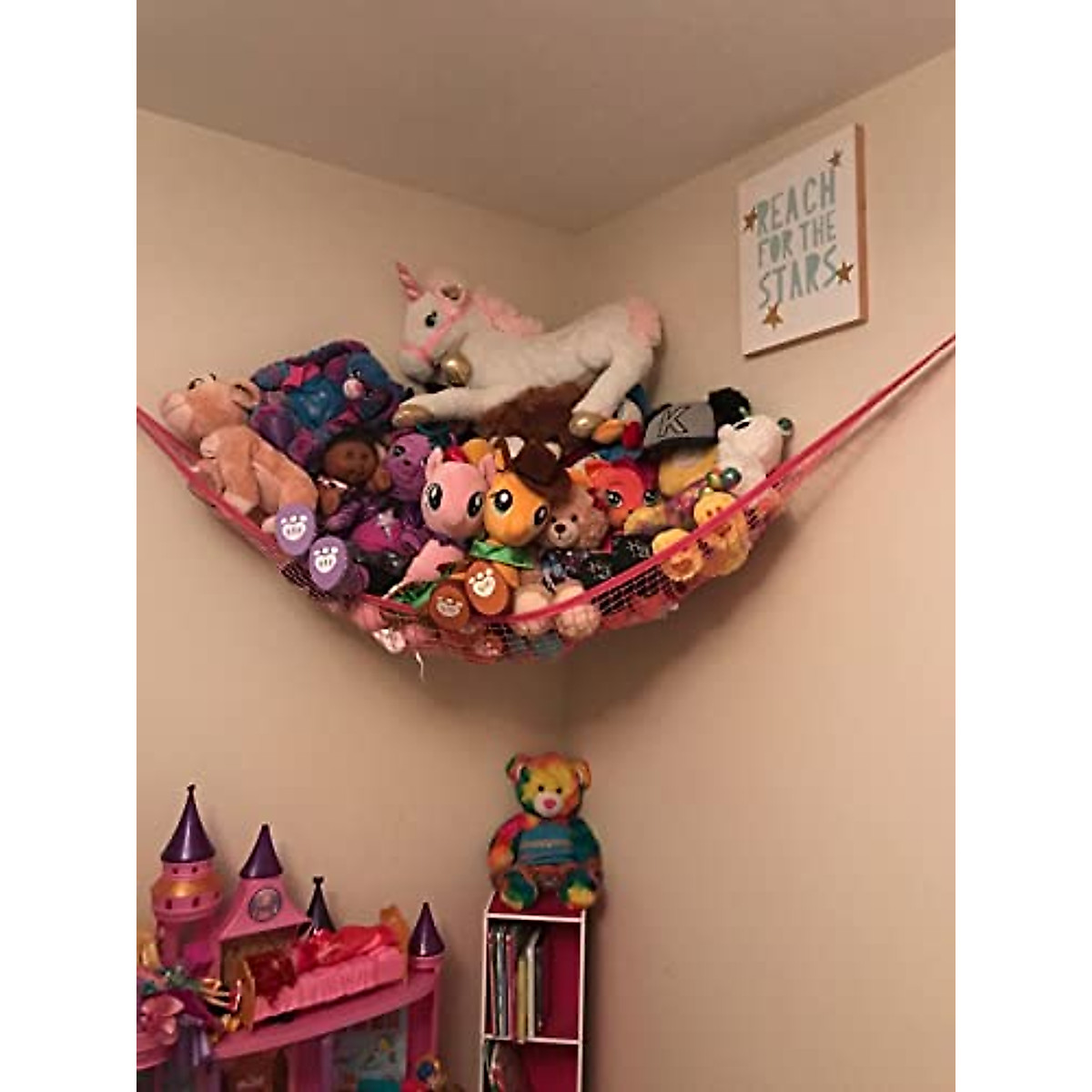 Huijukon Corner Toy Storage Net Hammock Organizersr Collection for Stuffed Animals Squishmallows Teddy Cuddly Plush Soft Toys | Size: 72" x 48" x 48" (Pink)
