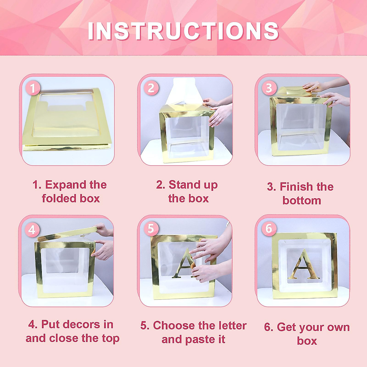 Baby Boxes with Letters, 6 Transparent Balloon Boxes with 78 Letters & Numbers, Clear Name Boxes for Baby Shower Birthday Bridal Wedding Gender Reveal Party Decorations Backdrop, Gold