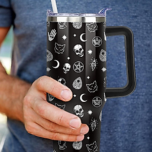 thmasamwr Goth Tumbler with Lid and Straw, Stainless Steel Gothic 40oz Tumbler with Handle, Black Moon Travel Coffee Mug Water Bottle, Goth Gifts Cups for Women and Men