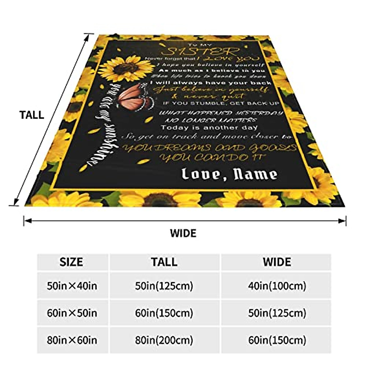 Personalized Custom Name Blanket Love Letter to My Sister, Butterfly Sunflower Customized Blankets Bed Throws 50x60 Inches