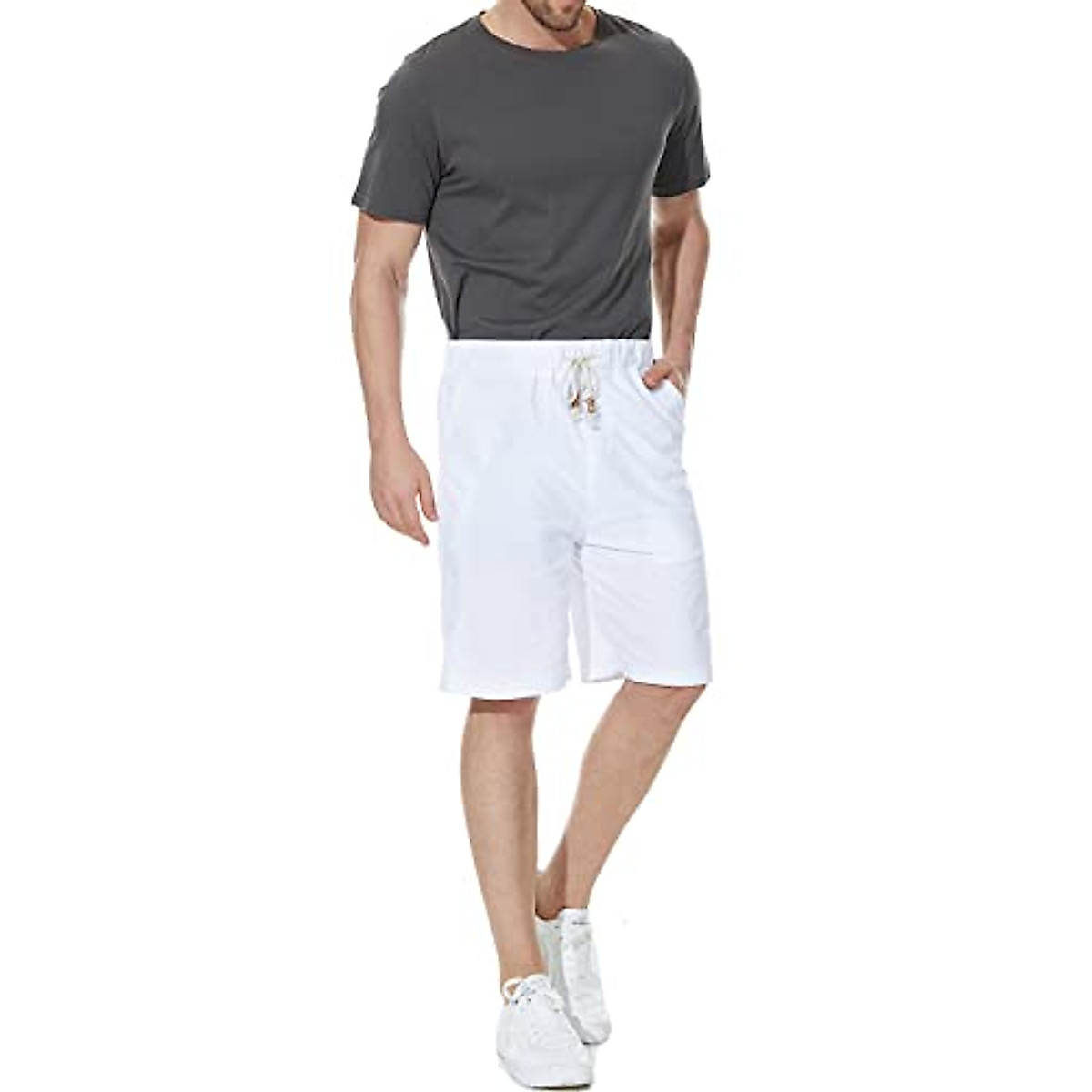 Yuanyi Men's Linen Casual Classic Fit Short Summer Beach Shorts with Elastic Waist and Pockets White XL