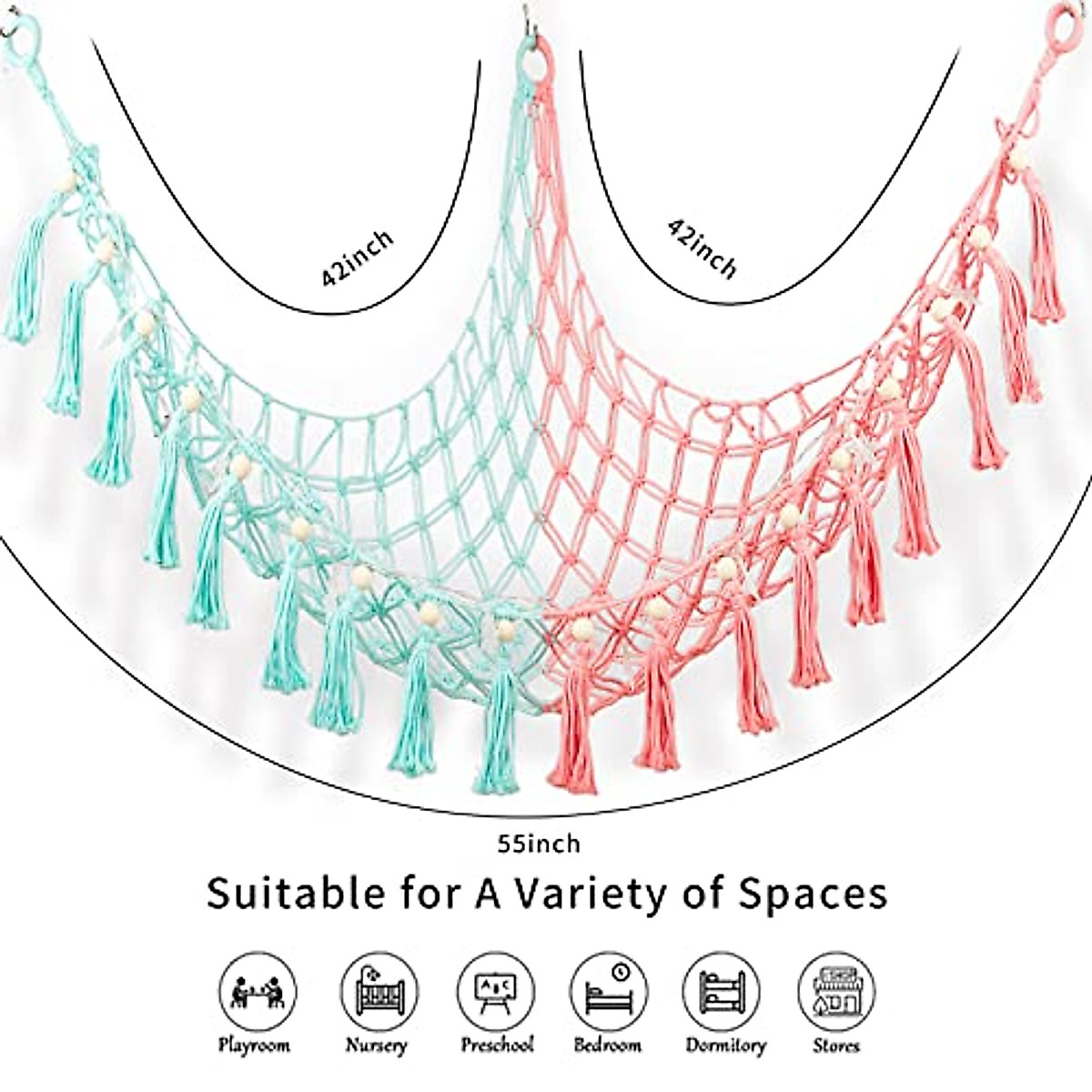 Stuffed Animal Net or Hammock with LED Light, Hanging Corner Storage Net for Wall, Toy Net Hammock Stuffed Animals Holder with Woven Tassels for Nursery Play Room Kids Bedroom Decor