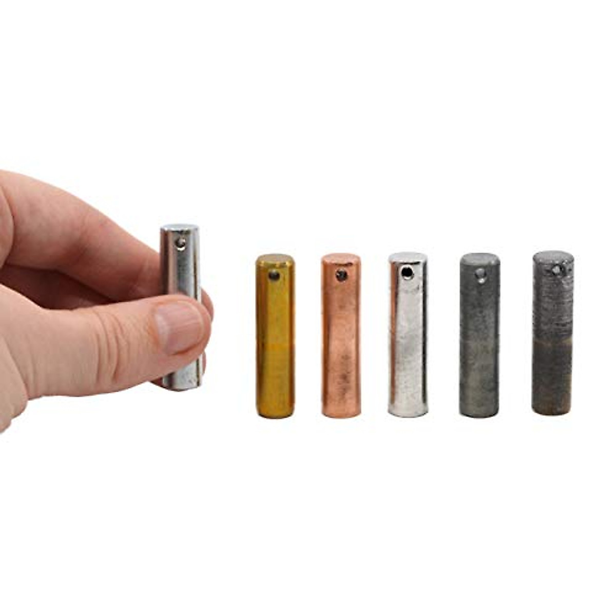 6pc Specific Heat Metal Cylinders Set - Copper, Lead, Brass, Zinc, Iron & Aluminum - Includes Wooden Storage Block - for Specific Heat, Specific Gravity & Density Experimentation - Eisco Labs