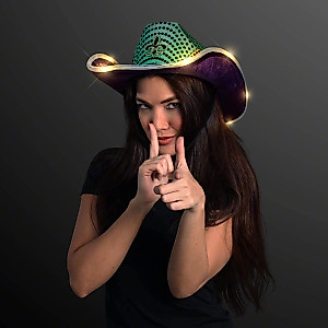 FlashingBlinkyLights Shiny Sequin Purple, Green and Gold Cowboy Hat for Mardi Gras
