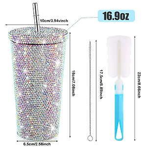 Studded Bling Diamond Tumbler Glitter Water Bottle with Lid Stainless Steel Vacuum Thermal Straw Tumbler Rhinestone Tumbler with 1 Pcs Cup Brush 6 Pcs Straw Brushes for Women(AB Color, 16.9 oz)