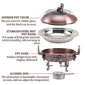 Round Chafing Dish Set for Wedding Banquets Party, Stainless Steel Chafer Buffet Server Warming Tray, with Food Pan, Frame, Lid and Fuel Holder,Red Copper,26cm