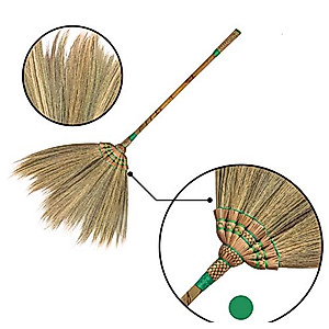 Asian Natural Grass Broom with Bamboo Stick Embroidery Woven Nylon Thread Top of Handle