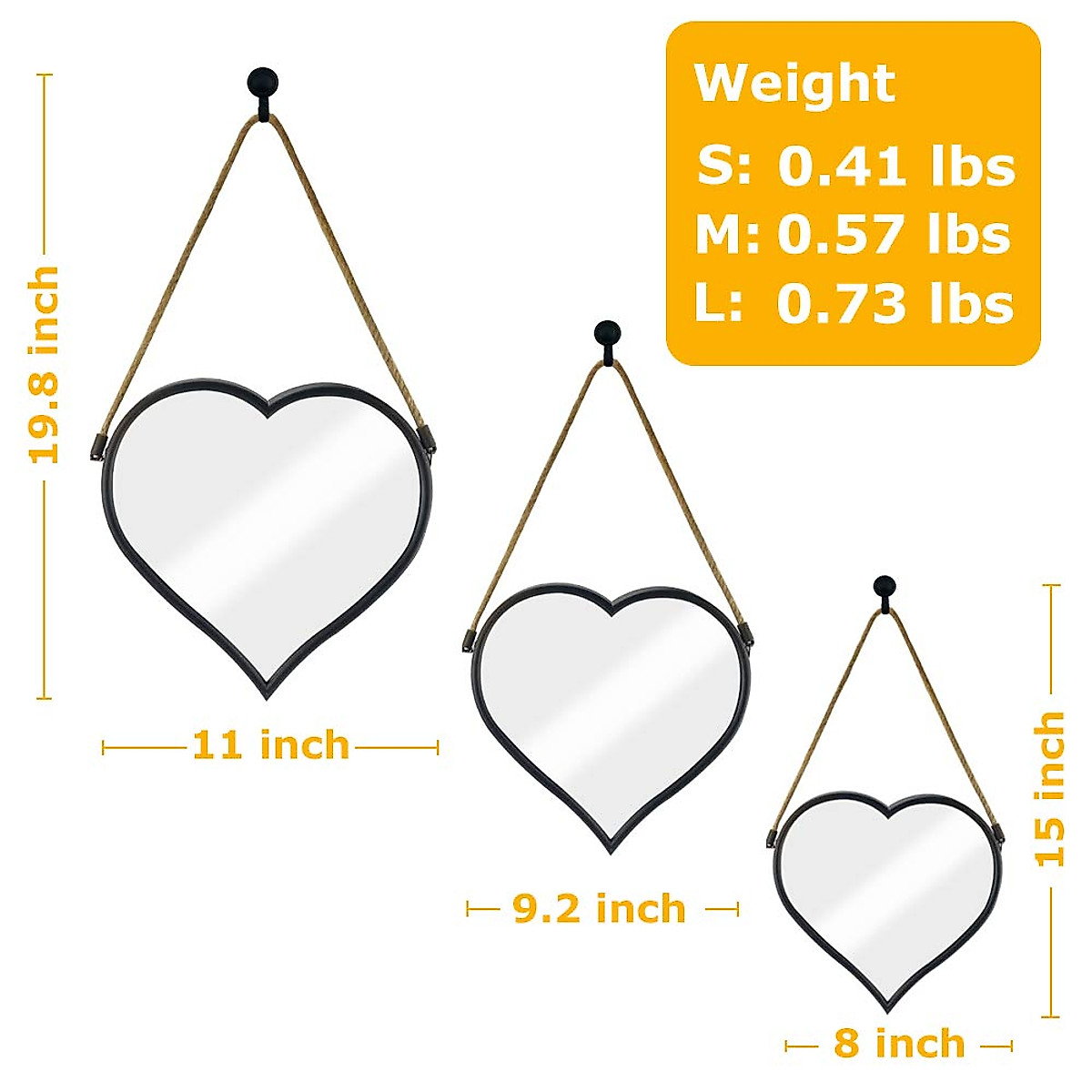 Urban Deco 3 Pieces Heart Shaped Mirror for Wall, Hanging Black Glass Mirror Sets Decoration for Bedroom Living Room Bathroom