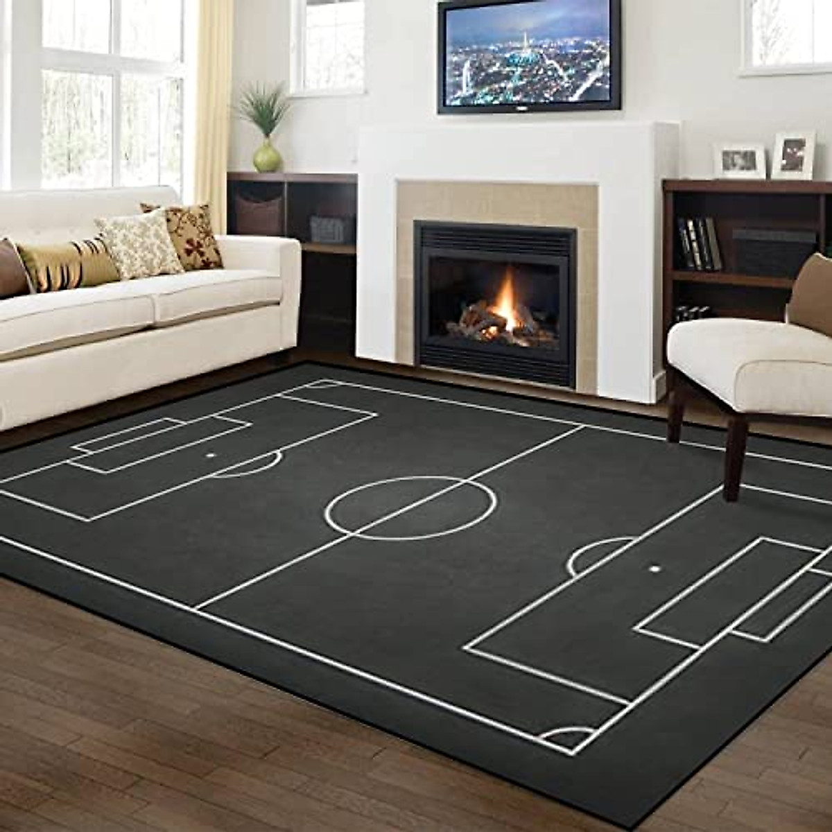 CAWIADFWJO Area Rug Soccer Field chalked Blackboard Football Stadium Board Painted Chalk Non-Slip Soft Carpet Floor Mat Indoor Multi 71inchx106inch