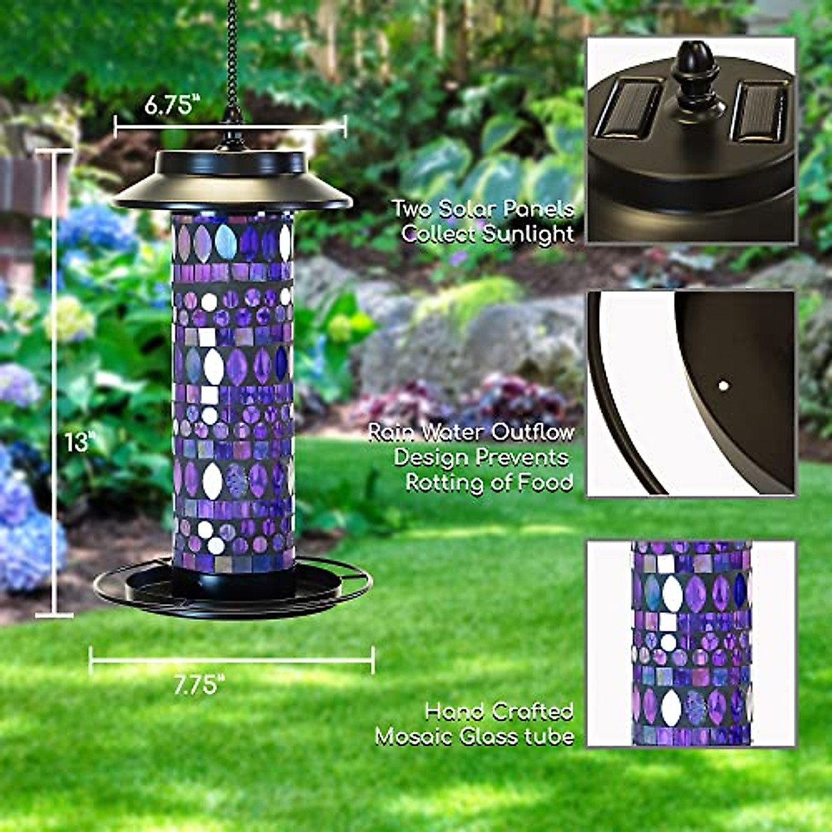 Sun-Ray 811015 Amethyst Mosaic Solar Lighted Bird Feeder Hanging Lantern - Multicolor/Violet/Purple/Blue