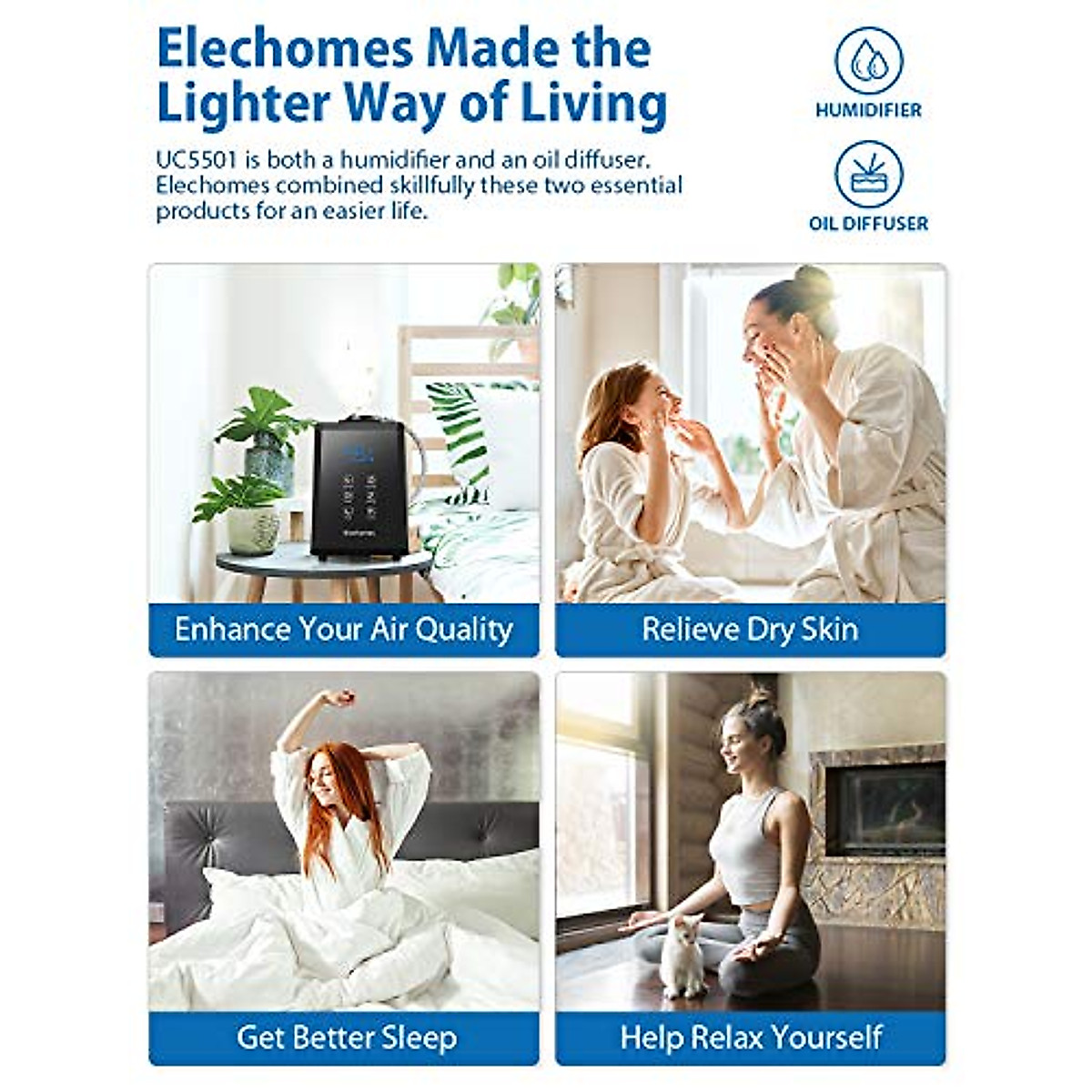 Elechomes Humidifiers for Bedroom (6L), Ultra-Quiet Warm and Cool Mist Humidifiers for Home, Baby and Plants, Customized Humidity, Sleep Mode, Timer, UC5501, Black