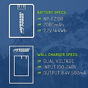 Wasabi Power NP-FZ100 Battery (2-Pack) and Charger for Sony FX3, a1, a9, a9 II, a7C, a7R III, a7R IV, a7S III, a7 III, a7 IV, a6600