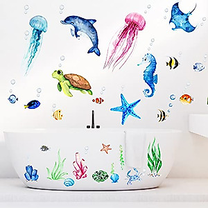 4 Sheets Ocean Fish Wall Decals Stickers Under The Sea Wall Decal Stickers Removable Sea Life Marine Animal Sticker Underwater Ocean Creatures Wall Decor for Kids Girls Boy Nursery Bedroom Bathroom