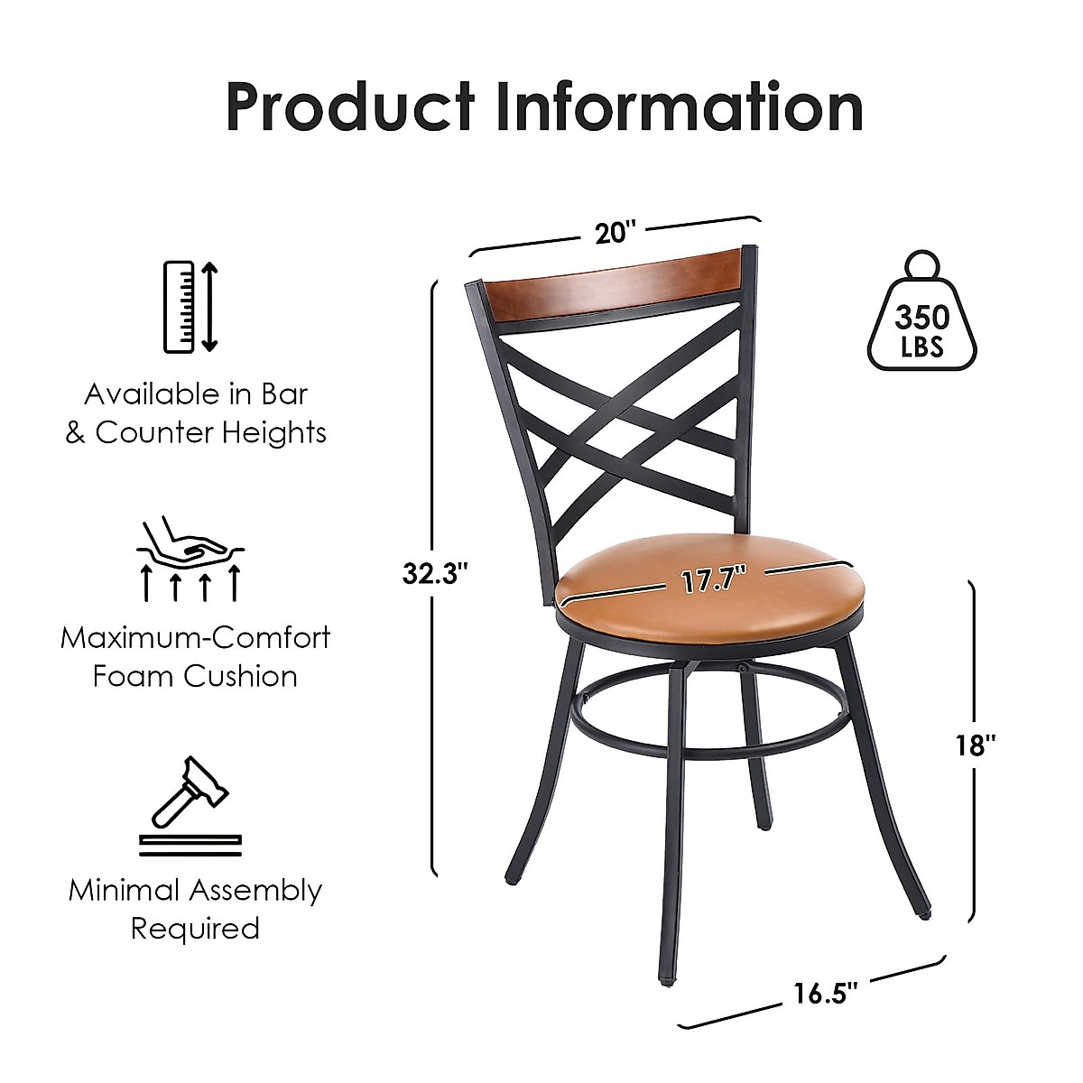 Soohow Upholstered Set of 4, Faux Leather Cushion Mid Century X Back Comfortable Swivel Room Retro Set,350LB,Whisky, Dining Chairs 4 PCS, Whiskey Brown
