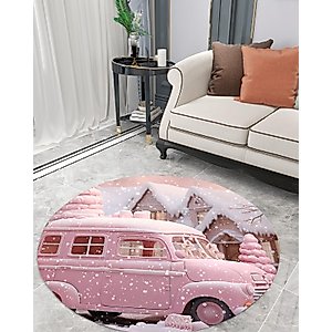 Christmas Fluffy Round Area Rug Carpets 3ft, Plush Shaggy Carpet Soft Circular Rugs, Non-Slip Fuzzy Accent Floor Mat for Living Room Bedroom Nursery Home Decor Blush Pink Farmhouse Winter Truck