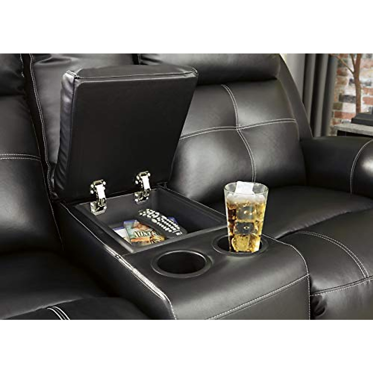 Signature Design by Ashley Kempten Faux Leather Manual Reclining Sofa with High Back, Center Console and Blue LED Lighting, Black