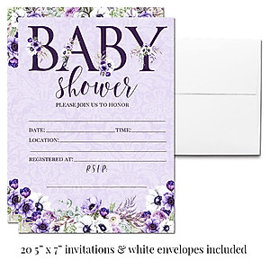 Amanda Creation Watercolor Violet Floral Baby Shower Party Bundle Includes 20 each of Invitations with Envelopes + 4 Different Sizes of Decorative Stickers, Diaper Tickets & Bring a Book Cards