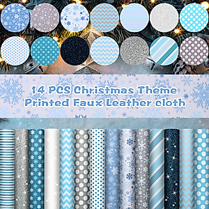 14 Pieces Christmas Winter Leather Sheets Glitter Faux Leather Fabric Snowflake Snowman Printed Leather Fabric for Bow Earring Making DIY Craft, 8.3 x 6.3 Inch (Multiple Style)