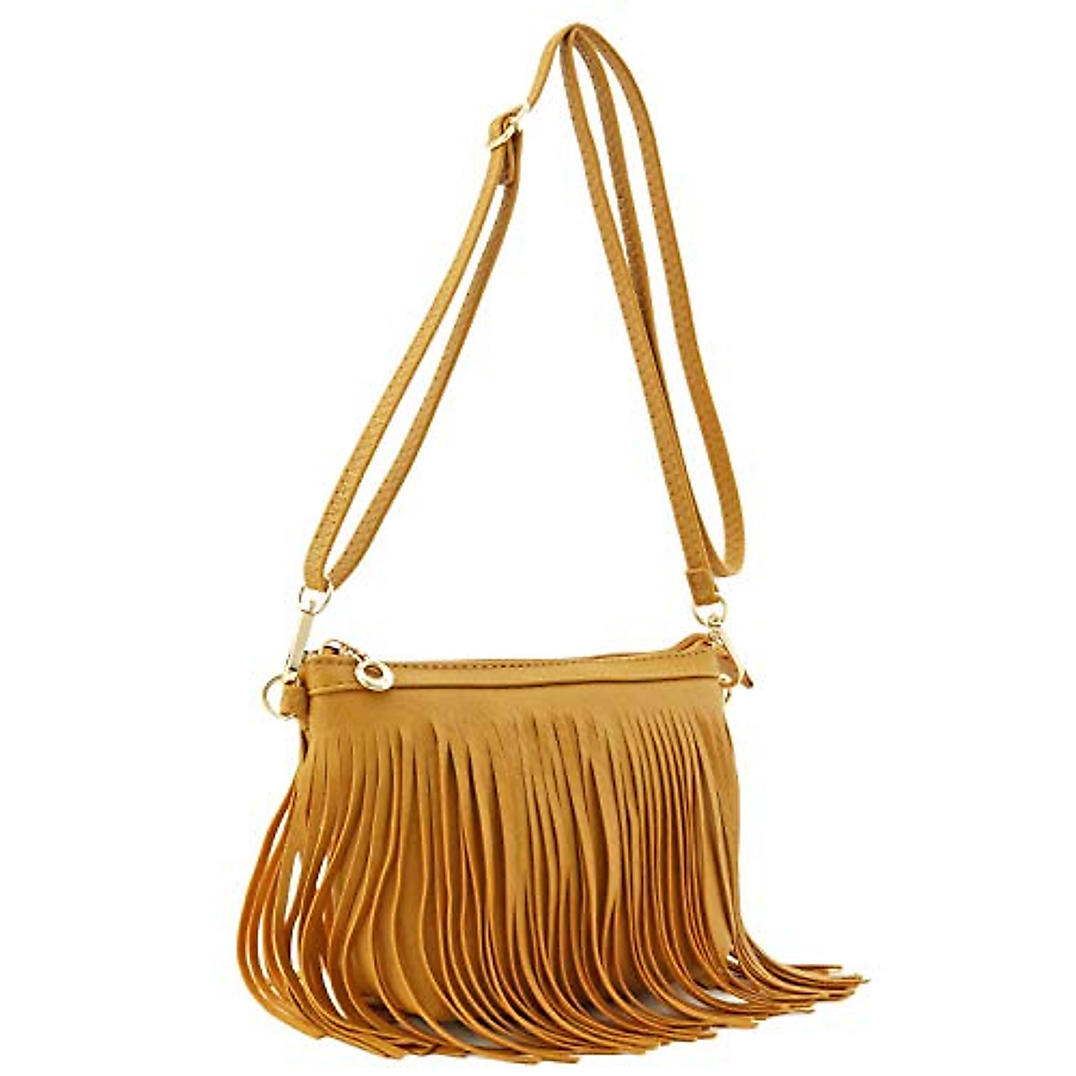 FashionPuzzle Small Fringe Crossbody Bag with Wrist Strap (Dark Mustard)