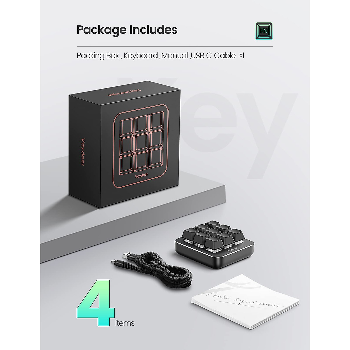 Vaydeer One-Handed Mechanical Keyboard Support NKRO, Hotkeys, One-Click Start,9 Fully Programmable Keys with Floating Window and Macro Multifunctional Keypad for iOS,Windows, Gift Idea for Him/Her